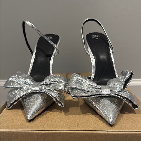 Zara | Shoes | Zara Silver Bow Slingback Heels | Poshmark
